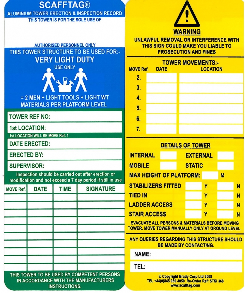 Replacement Registration Cards for Light Duty Scaffold System (per 10 ...